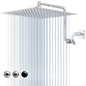 pdpbath 12" rain shower head with upgrade adjustable extension arm, 304 stainless steel high pressure rainfall showerhead, all metal large square waterfall fixed showerhead for bathroom - chrome