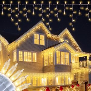 beewin 200 christmas icicle lights, warm white clear bulbs with 23ft long white wire, professional grade string lights for indoor & outdoor,xmas,party, patio, courtyard, window, fence, trees decor