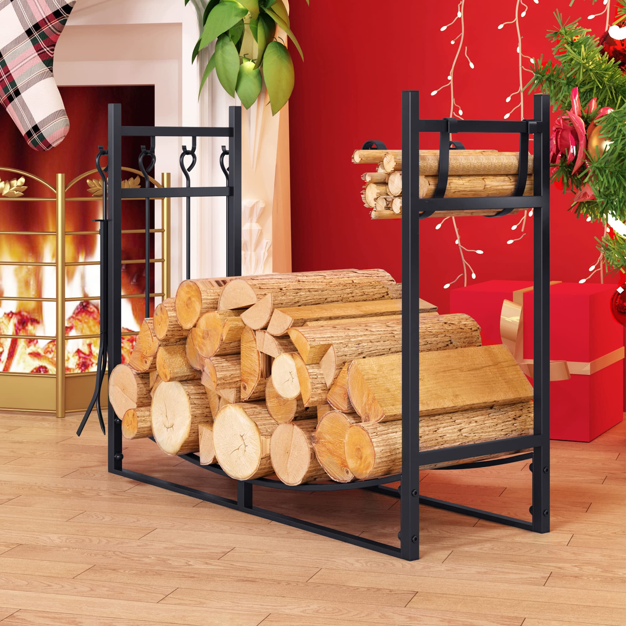 JINLLY Firewood Rack, 29.1 Inch Heavy Duty Wood Log Rack Storage Holder with Kindling Holder and 4 Tools, Outdoor Indoor Iron Fire Wood Rack Holder for Fireplace