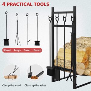 JINLLY Firewood Rack, 29.1 Inch Heavy Duty Wood Log Rack Storage Holder with Kindling Holder and 4 Tools, Outdoor Indoor Iron Fire Wood Rack Holder for Fireplace