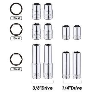 MIXPOWER 10PCS 1/4"& 3/8" Drive 10mm Deep&Shallow Socket, CR-V, Metric, Mirror Finish, 6 Point&12 Point