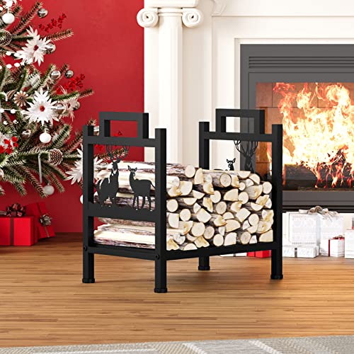 DAWNSPACES Firewood Rack 17", Outdoor Wood Holders with Handles, Indoor Heavy Duty Log Storage Rack with Elk Pattern, Metal Wood Pile Storage Stacker Organizer for Fireplace, Patio, Fire Pit