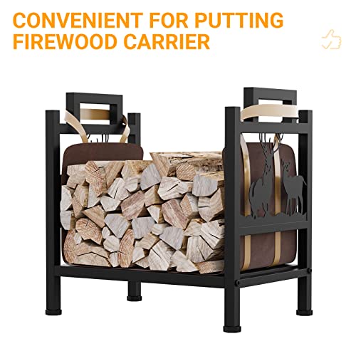 DAWNSPACES Firewood Rack 17", Outdoor Wood Holders with Handles, Indoor Heavy Duty Log Storage Rack with Elk Pattern, Metal Wood Pile Storage Stacker Organizer for Fireplace, Patio, Fire Pit