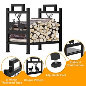 DAWNSPACES Firewood Rack 17", Outdoor Wood Holders with Handles, Indoor Heavy Duty Log Storage Rack with Elk Pattern, Metal Wood Pile Storage Stacker Organizer for Fireplace, Patio, Fire Pit