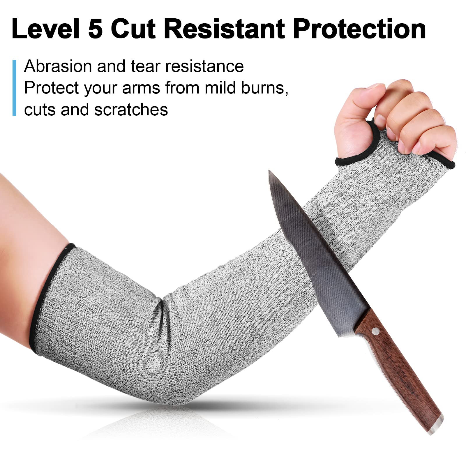 JaGely 6 Pairs Level 5 Cut Resistant Sleeves with Thumb Hole 18 Inches Arm Protection Sleeve Farmer Gardening (Black, Gray)