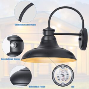 Dusk to Dawn LED Outdoor Barn Lights - 2 Packs Farmhouse Gooseneck Exterior Light Fixture Wall Mount, 12.25" Large Black Porch Lights, Outside Wall Lights for House Garage Patio Doorway (13W 2700K)