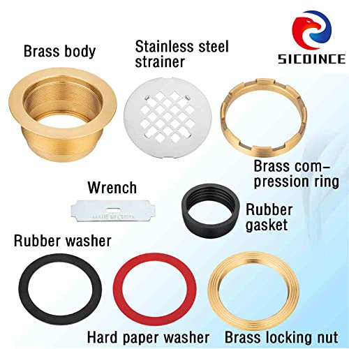 sicoince 2 inch Brass No Caulk Shower Drain Cover Shower Floor Drain Assembly with 4-1/4 inch Stainless Steel Strainer for 2 inch 40 SCH ABS or PVC Pipe