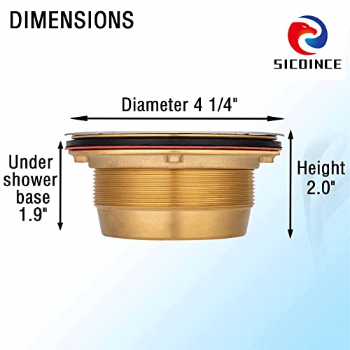 sicoince 2 inch Brass No Caulk Shower Drain Cover Shower Floor Drain Assembly with 4-1/4 inch Stainless Steel Strainer for 2 inch 40 SCH ABS or PVC Pipe