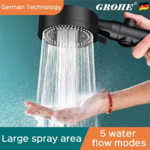 Multi-Functional High Pressure Shower Head with 5 Modes, High Pressure Handheld Shower Head with ON/Off Switch for Home Bathhoom, Water Saving, Easy to Install (Black A)