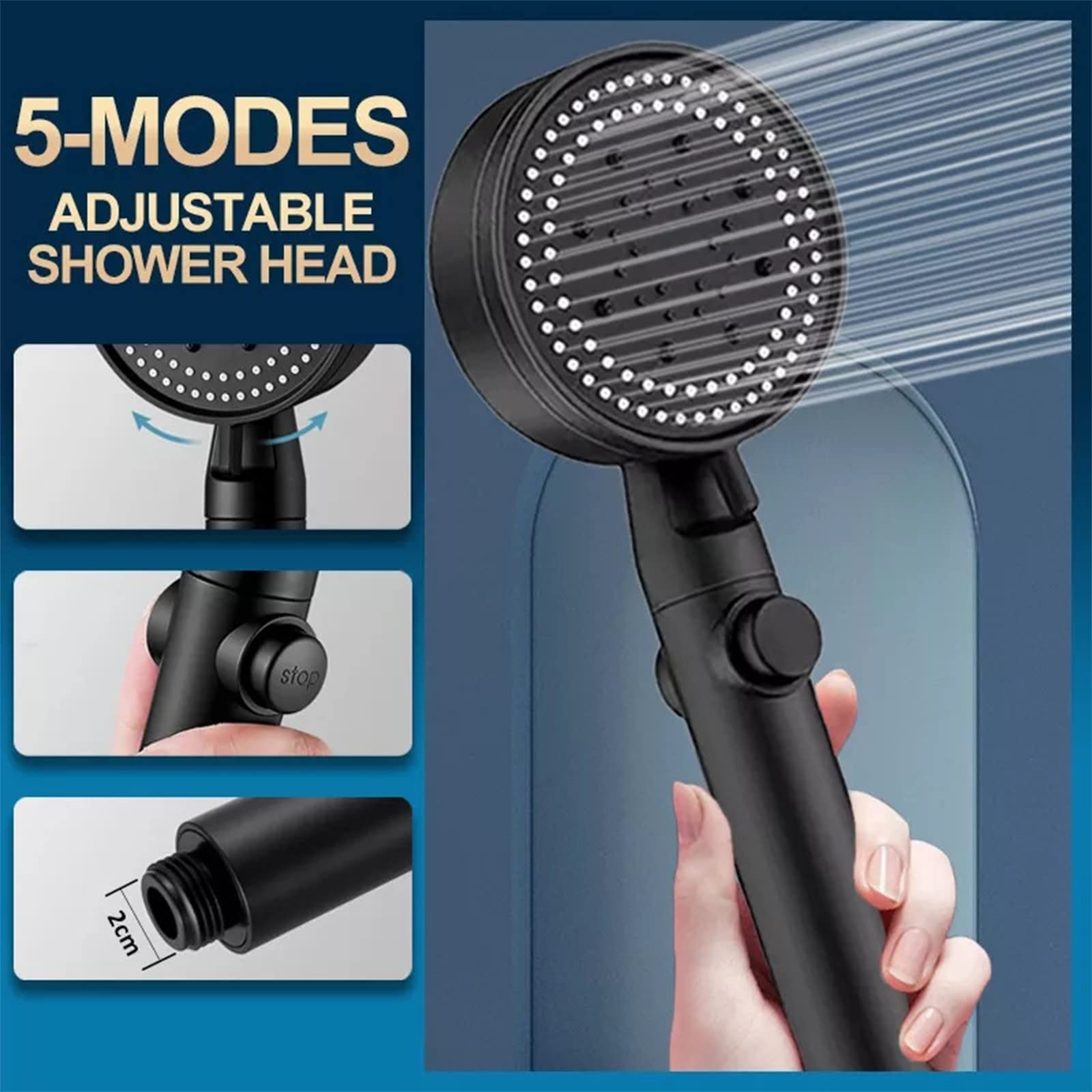 Multi-Functional High Pressure Shower Head with 5 Modes, High Pressure Handheld Shower Head with ON/Off Switch for Home Bathhoom, Water Saving, Easy to Install (Black A)