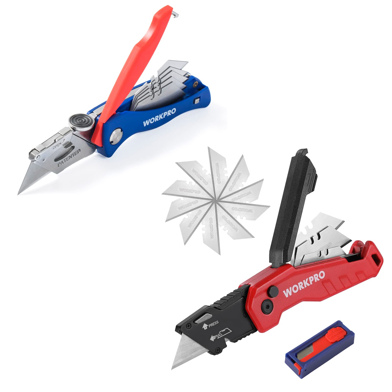 WORKPRO Blue Folding Utility Knife and Red Folding Utility Knife, 18 Extra Blades Included