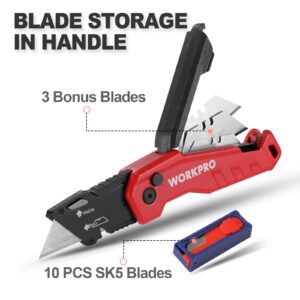 WORKPRO Blue Folding Utility Knife and Red Folding Utility Knife, 18 Extra Blades Included