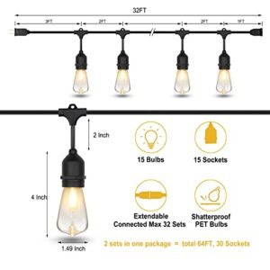 64FT(32FTx2PCS) LED Outdoor String Lights, Waterproof String Lights with 30 ST38 Shatterproof Edison Bulbs,Commercial Grade String Lights,Hanging Outdoor Lights for Patio Backyard Deck Gazebo