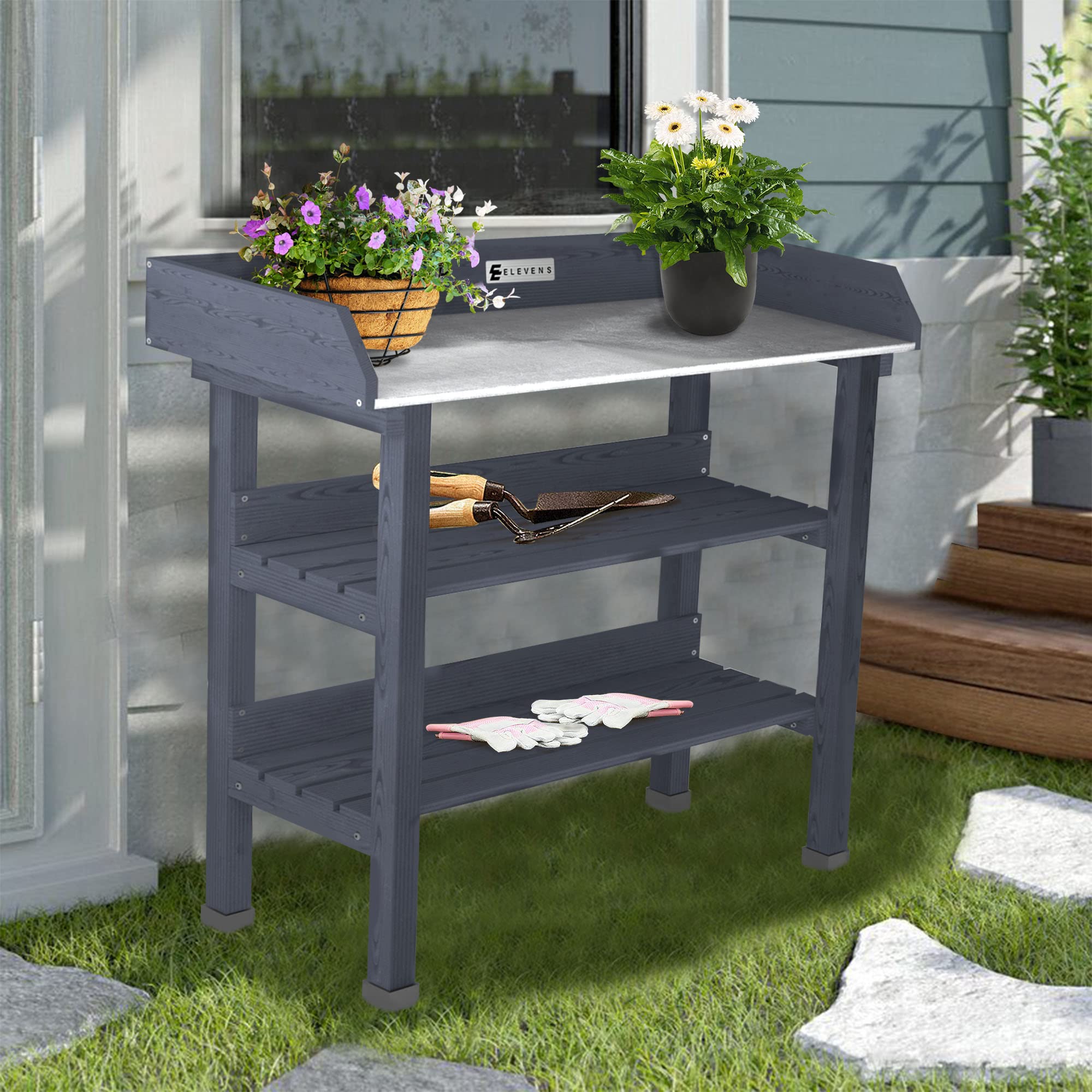 Elevens Outdoor Potting Bench Tables with Wheels,Planting Bench Potting Table with Drawer and Hooks for Patio Yard Lawn(Grey)