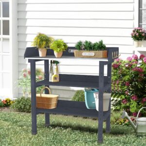 Elevens Outdoor Potting Bench Tables with Wheels,Planting Bench Potting Table with Drawer and Hooks for Patio Yard Lawn(Grey)