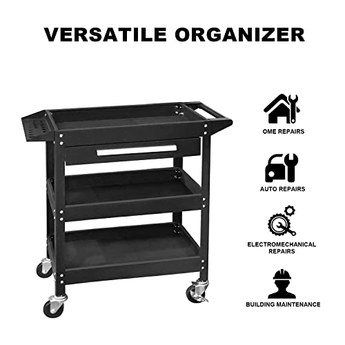 GSTANDARD Rolling Tool Cart with Drawer: 3 Layer Tool Oragnizer with Foam Pad and Heavy Duty Utility Cart with Four Swivel Casters,Black,APTB311B