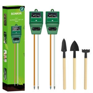 sonkir soil ph meter, ms02 3-in-1 soil moisture/light/ph tester gardening tool kits for plant care, great for garden, lawn, farm, indoor & outdoor use (green), 2 packs