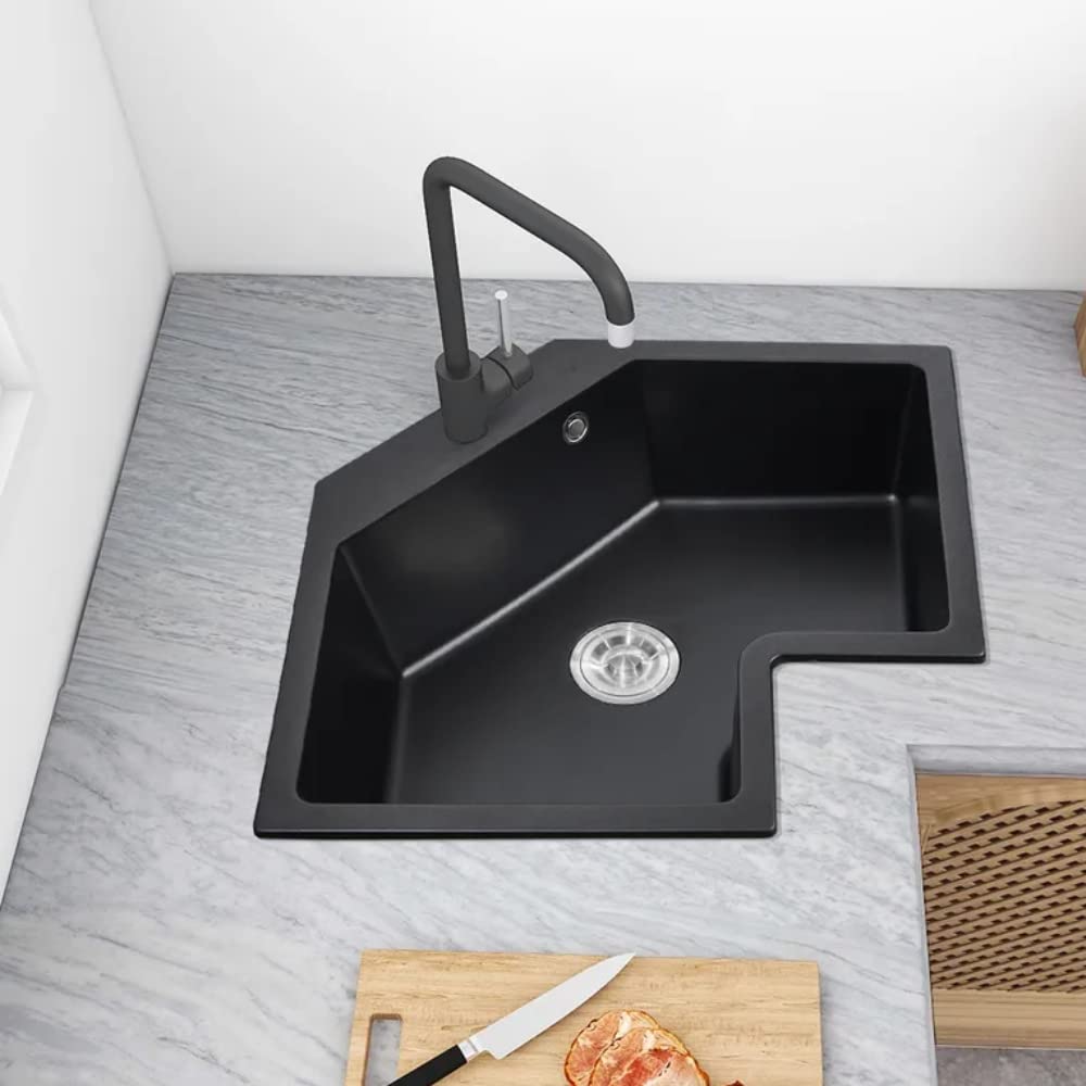 COGITIL 25 Inch Kitchen Sink Drop In Quartz Single Bowl Kitchen Sinks Irregular Corner Kitchen Sink Black Farm Sink Deep Farmhouse Kitchen Sink