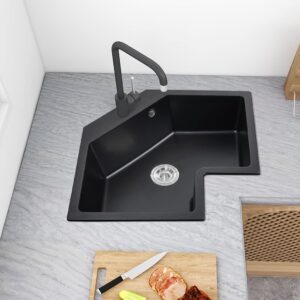 COGITIL 25 Inch Kitchen Sink Drop In Quartz Single Bowl Kitchen Sinks Irregular Corner Kitchen Sink Black Farm Sink Deep Farmhouse Kitchen Sink