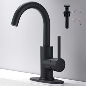 matte black single handle bathroom sink faucet, 360° swivel spout bar sink faucet with deck plate 4 inch centerset black bathroom faucet with pop-up drain black bathroom lavatory vanity faucet