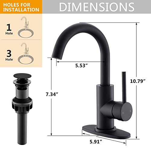 Matte Black Single Handle Bathroom Sink Faucet, 360° Swivel Spout Bar Sink Faucet with Deck Plate 4 Inch Centerset Black Bathroom Faucet with Pop-Up Drain Black Bathroom Lavatory Vanity Faucet