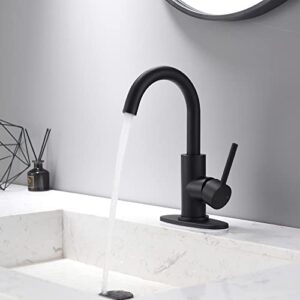 Matte Black Single Handle Bathroom Sink Faucet, 360° Swivel Spout Bar Sink Faucet with Deck Plate 4 Inch Centerset Black Bathroom Faucet with Pop-Up Drain Black Bathroom Lavatory Vanity Faucet