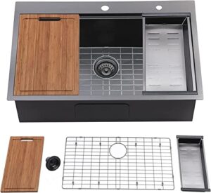 friho 33x22 inch workstation topmount single bowl handmade farmhouse drop in black kitchen sink, black stainless steel farm sinks with dish grid,dish drainer,cutting board basket strainer