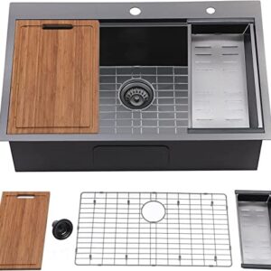 Friho 33x22 Inch Workstation Topmount Single Bowl Handmade Farmhouse Drop in Black Kitchen Sink, Black Stainless Steel Farm Sinks with Dish Grid,Dish Drainer,Cutting Board Basket Strainer