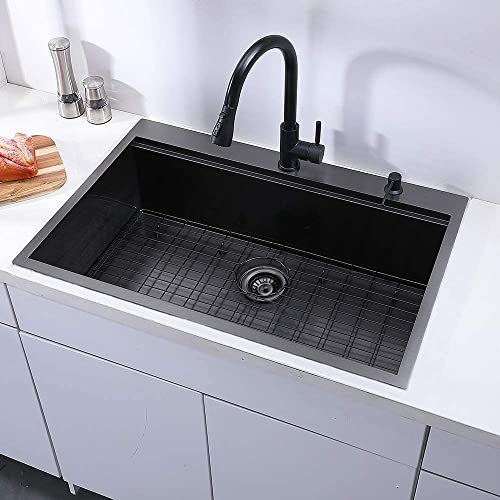 Friho 33x22 Inch Workstation Topmount Single Bowl Handmade Farmhouse Drop in Black Kitchen Sink, Black Stainless Steel Farm Sinks with Dish Grid,Dish Drainer,Cutting Board Basket Strainer