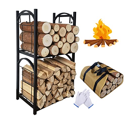 luseiya 2 Tiers Firewood Log Storage Rack with Carrier - Wood Holders, Wood Stacking Rack for Indoor Fireplace or Outdoor Patio for Wood Stove, Hearth, Fire Pit, Black