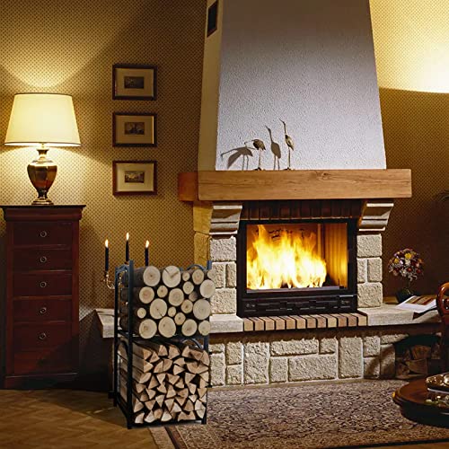 luseiya 2 Tiers Firewood Log Storage Rack with Carrier - Wood Holders, Wood Stacking Rack for Indoor Fireplace or Outdoor Patio for Wood Stove, Hearth, Fire Pit, Black