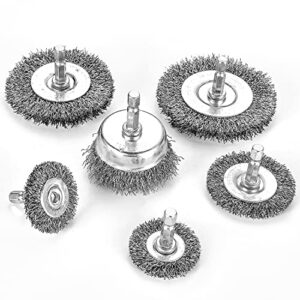 tilax wire brush wheel cup brush set 6 piece, wire brush for drill 1/4 inch hex shank arbor 0.012 inch coarse carbon steel crimped wire wheel for drill attachment, rust removal, stripping and abrasive