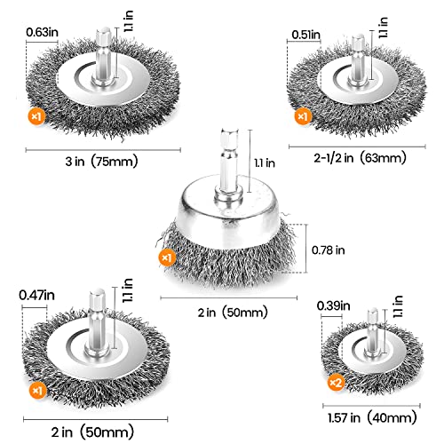 TILAX Wire Brush Wheel Cup Brush Set 6 Piece, Wire Brush for Drill 1/4 Inch Hex Shank Arbor 0.012 Inch Coarse Carbon Steel Crimped Wire Wheel for Drill Attachment, Rust Removal, Stripping and Abrasive