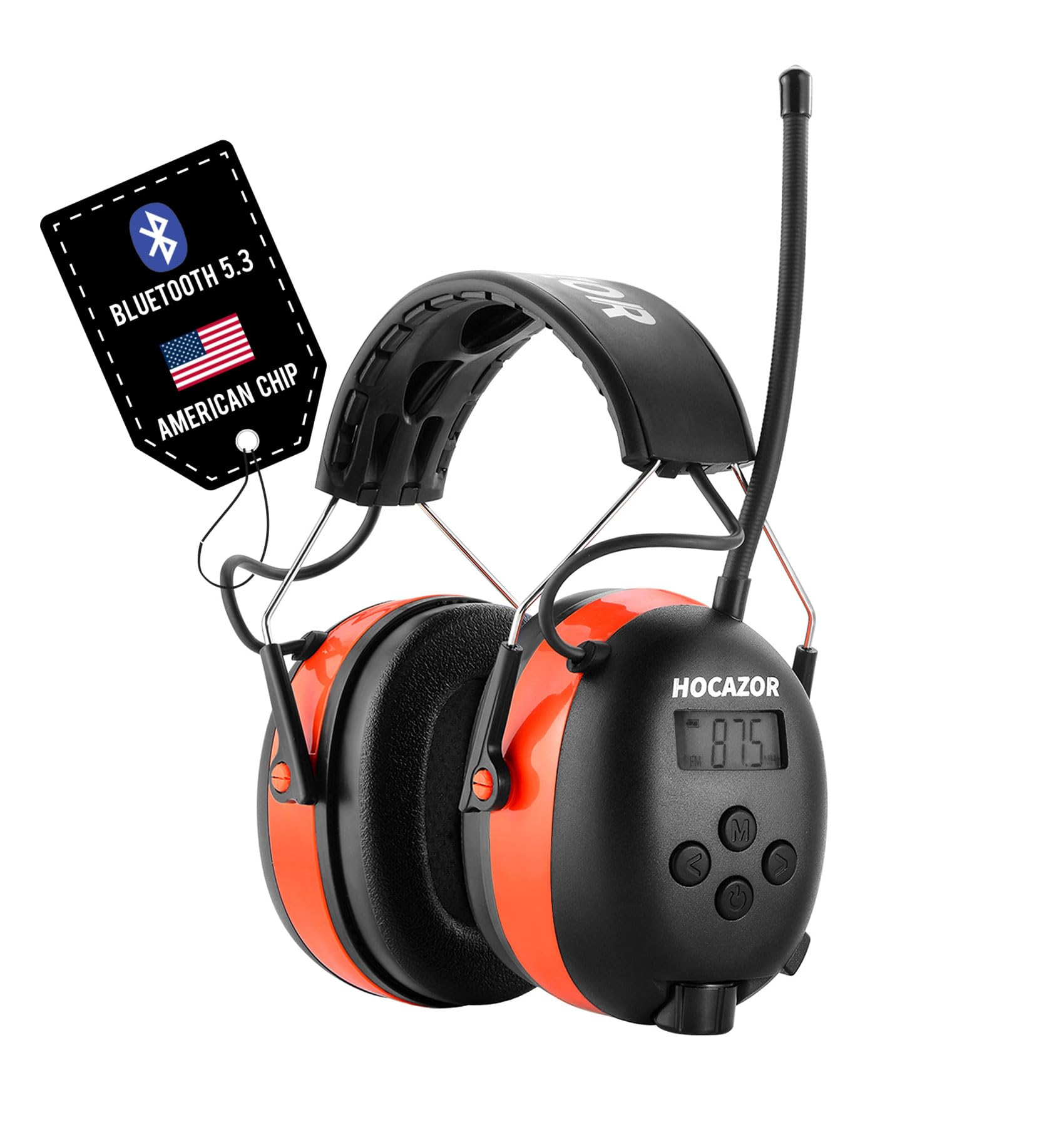 Hocazor HP033 Bluetooth 5.3 Hearing Protection AM FM Radio Headphones, 25dB NRR Noise Reduction Safety Earmuffs with 2000mAh Rechargeable Battery for Mowing Workshops, Orange