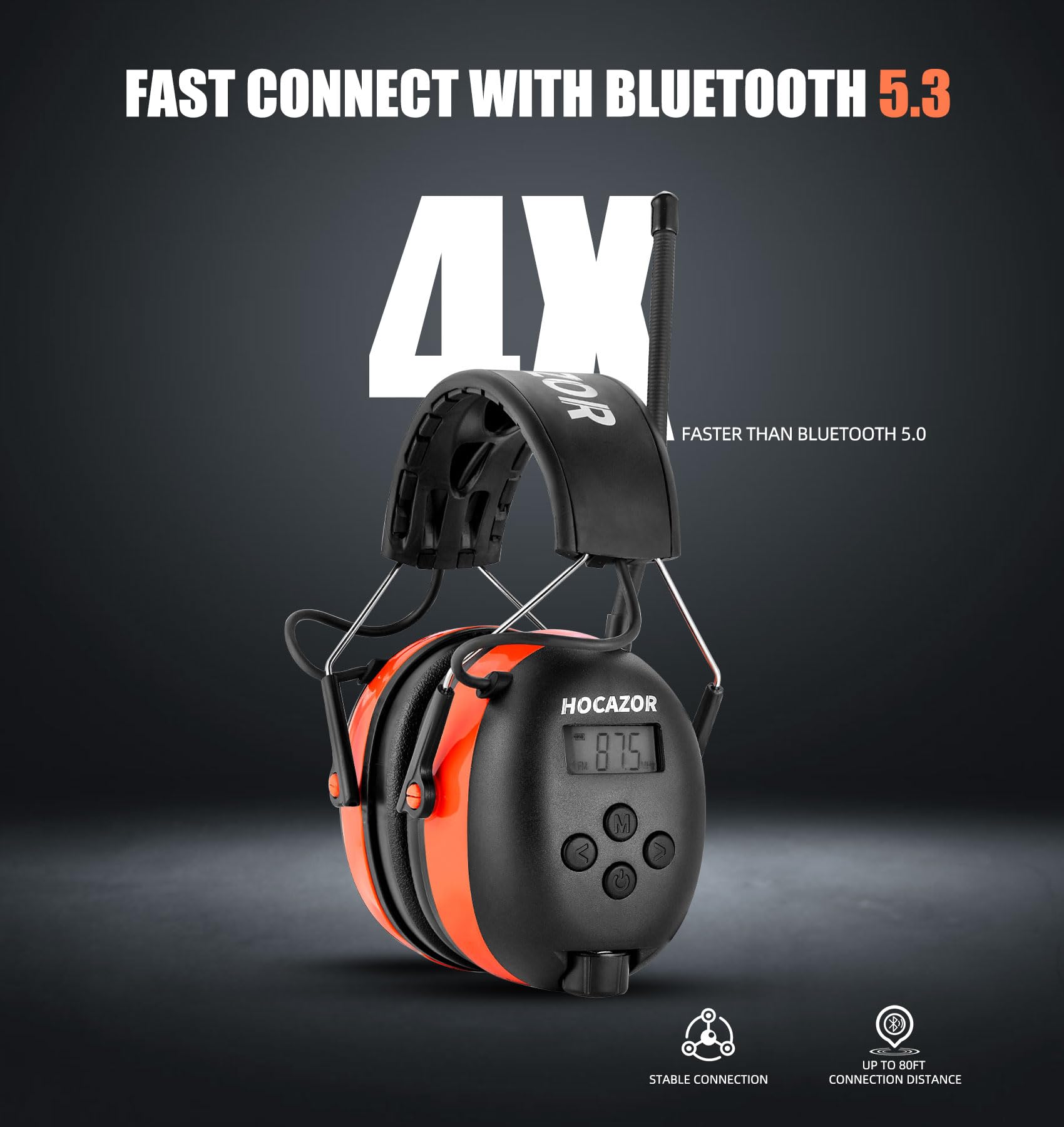 Hocazor HP033 Bluetooth 5.3 Hearing Protection AM FM Radio Headphones, 25dB NRR Noise Reduction Safety Earmuffs with 2000mAh Rechargeable Battery for Mowing Workshops, Orange