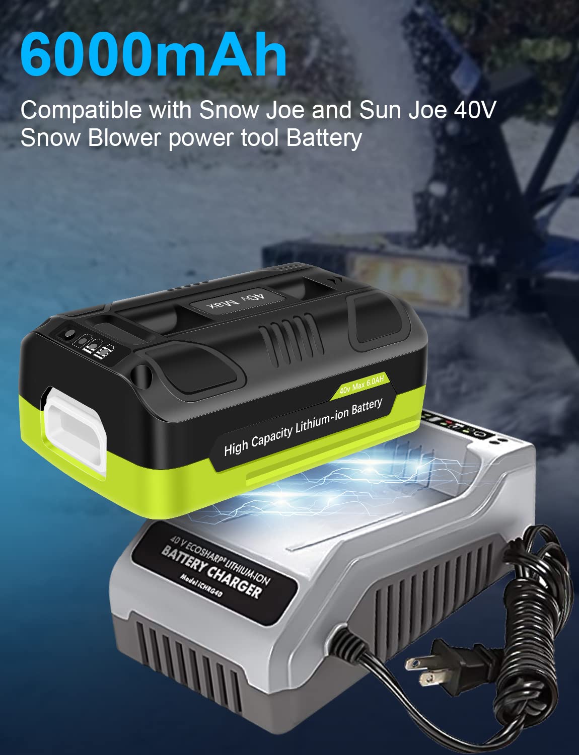 Aoasur 6.0Ah Battery Replacement for Snow Joe 40V and Sun Joe 40V Battery (Green)