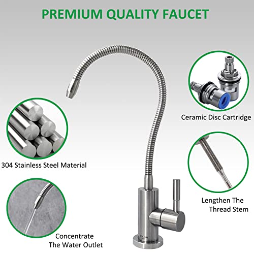 Drinking Water Faucet with Flexible Gooseneck, 360 Degree Rotatable Water Filter Faucet, Kitchen Bar Sink Faucet Lead-Free Cold Water Faucet - Brushed Finish Stainless Steel