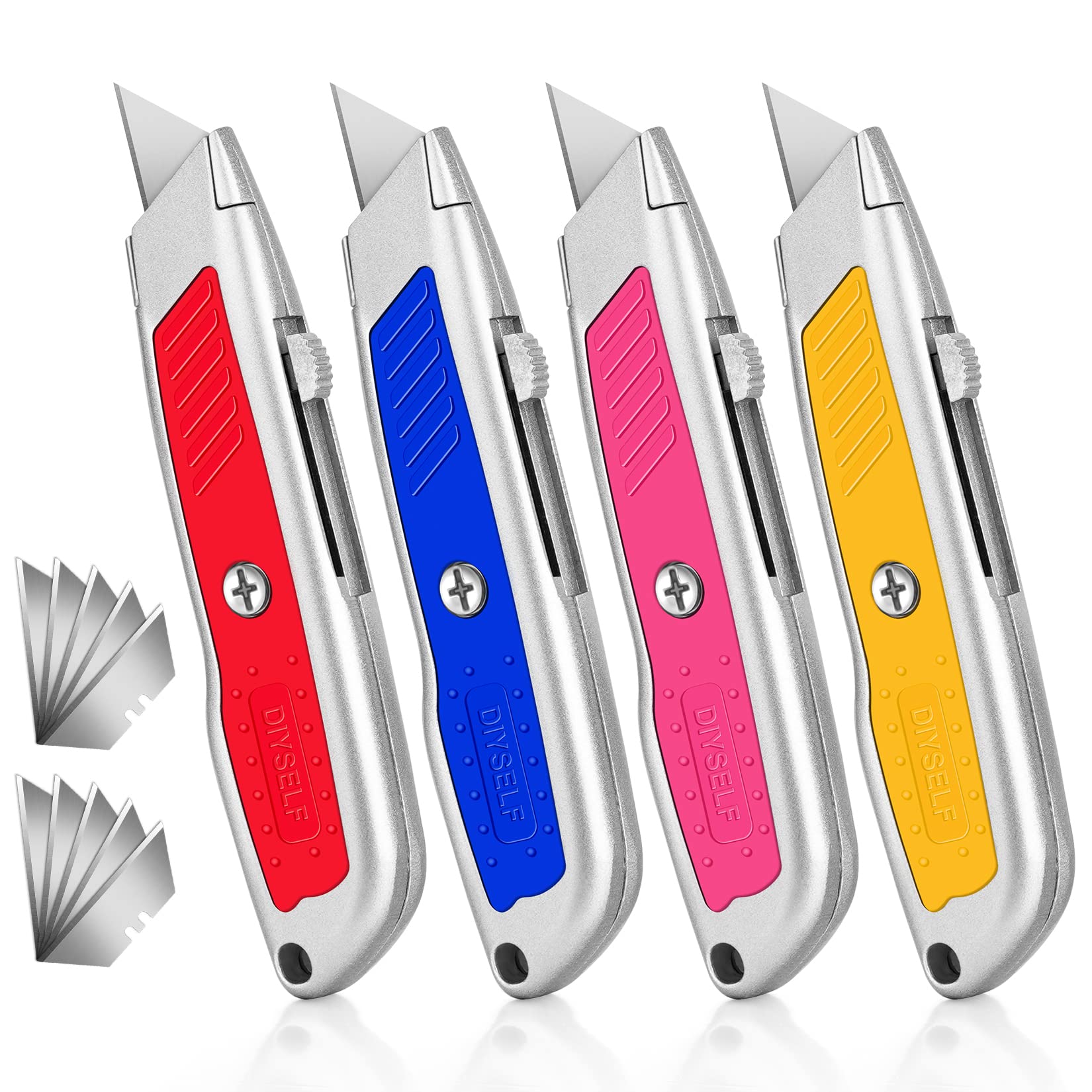 DIYSELF 4 Pack Box Cutter Retractable, Heavy Duty Box Knife with 10 Extra Utility Blades, Comfortable Utility Knife Retractable for Work, Razor Knife, Sharp Box Cutters for Cardboard, Package Opener