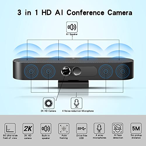 DOBVDLA Conference Room Camera System, 2K HD Video Calling with 4 Microphones, Wide Field of View Webcam, All-in-One Video Conferencing System for Huddle Meeting Room