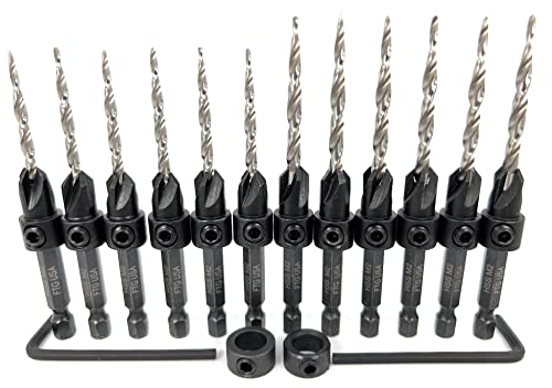 FTG USA Countersink Drill Bit Set 6 Pc #6 (9/64"), 6 Pc #8 (11/64") Wood Countersink Drill Bit Pro Pack Countersink Set, Tapered Countersink Bit, 2 Stop Collar, 2 Hex Wrench