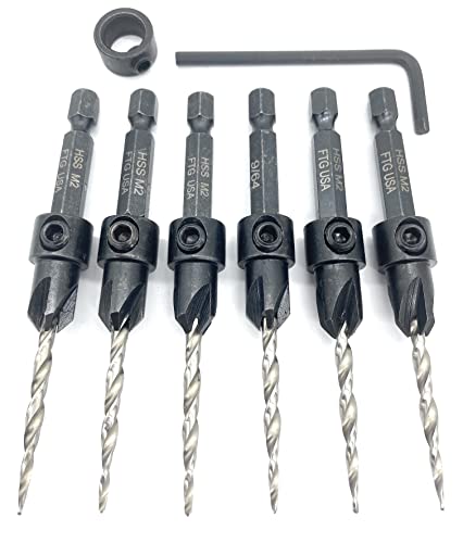 FTG USA Countersink Drill Bit Set 6 Pc #6 (9/64"), 6 Pc #8 (11/64") Wood Countersink Drill Bit Pro Pack Countersink Set, Tapered Countersink Bit, 2 Stop Collar, 2 Hex Wrench