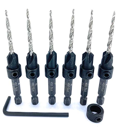 FTG USA Countersink Drill Bit Set 6 Pc #6 (9/64"), 6 Pc #8 (11/64") Wood Countersink Drill Bit Pro Pack Countersink Set, Tapered Countersink Bit, 2 Stop Collar, 2 Hex Wrench