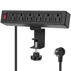 HHSOET Desk Power Strip with Switches, Clamp Outlet Strip Surge Protector, Clip on 1.7 inch Desktop Edge with 6 Outlet, Mountable Desk Outlet Removable Power Plugs, 6FT Extension Cord. (Black)