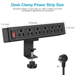 HHSOET Desk Power Strip with Switches, Clamp Outlet Strip Surge Protector, Clip on 1.7 inch Desktop Edge with 6 Outlet, Mountable Desk Outlet Removable Power Plugs, 6FT Extension Cord. (Black)