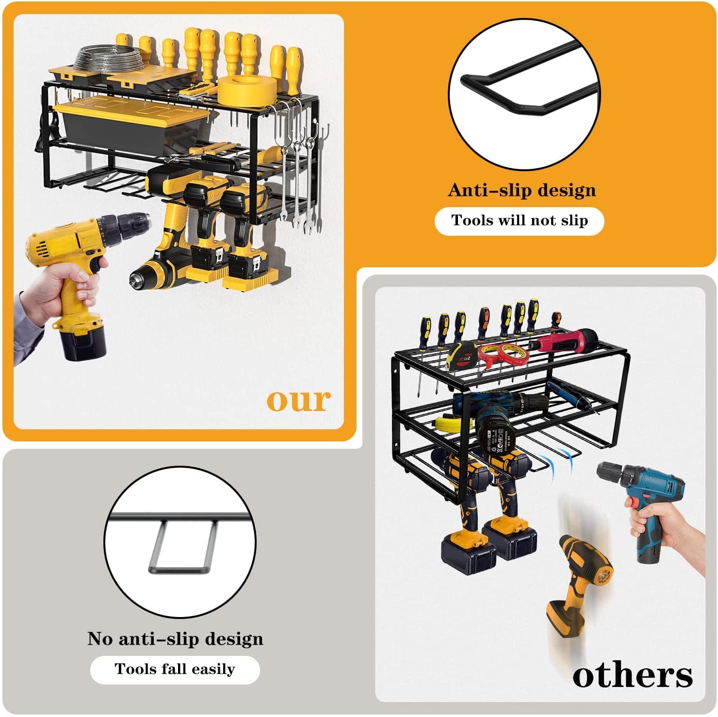 Power Tool Organizer Wall Mount, Cordless Drill Holde Garage Pegboard Tool Organizer Rcak, Multi-function Battery Charging Station Rack for Storage Parts Bin, Wrench, Pliers, Screwdrivers, Bit