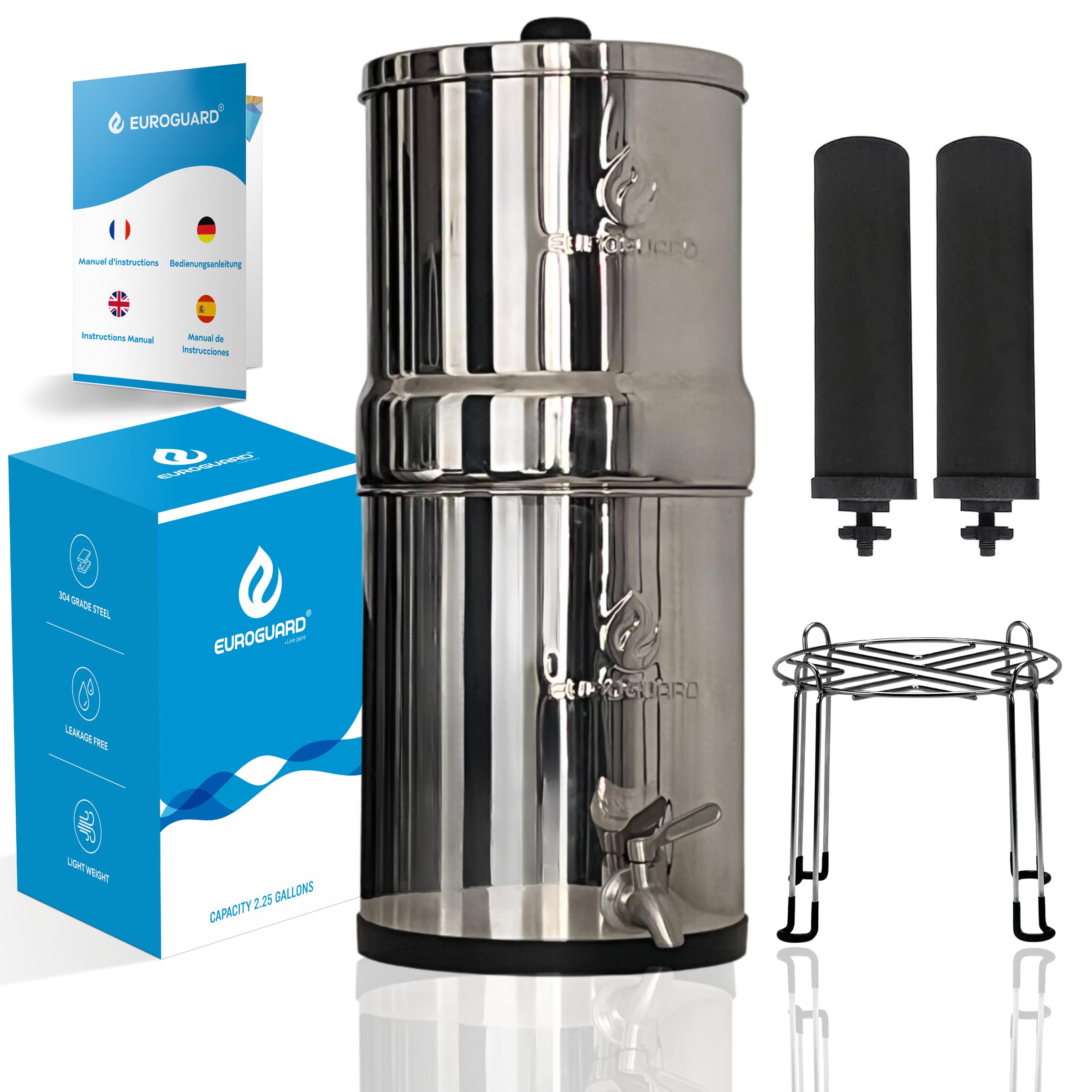 EUROGUARD Gravity-fed Water Filter System (2.25 Gallons), Reduces Lead and up to 99% of Chlorine, NSF/ANSI 42&372 Standard, with 2 Black Carbon Filters, 100% Metal Spigot, Premium Series, EUG023