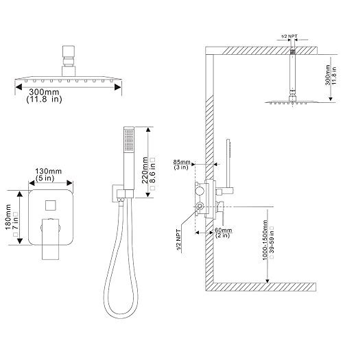 JingGang 12 Inch Ceiling Mount Matte Black Shower System Bathroom Luxury Rain Mixer Shower Combo Set Ceiling Rainfall Shower Head System (Contain Shower Faucet Rough-in Valve Body and Trim)