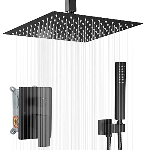 JingGang 12 Inch Ceiling Mount Matte Black Shower System Bathroom Luxury Rain Mixer Shower Combo Set Ceiling Rainfall Shower Head System (Contain Shower Faucet Rough-in Valve Body and Trim)