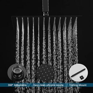 JingGang 12 Inch Ceiling Mount Matte Black Shower System Bathroom Luxury Rain Mixer Shower Combo Set Ceiling Rainfall Shower Head System (Contain Shower Faucet Rough-in Valve Body and Trim)