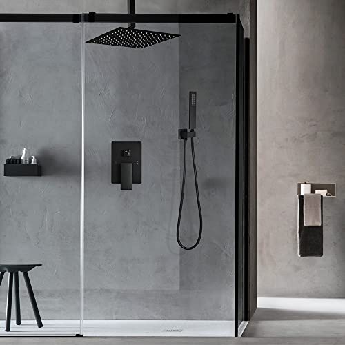 JingGang 12 Inch Ceiling Mount Matte Black Shower System Bathroom Luxury Rain Mixer Shower Combo Set Ceiling Rainfall Shower Head System (Contain Shower Faucet Rough-in Valve Body and Trim)